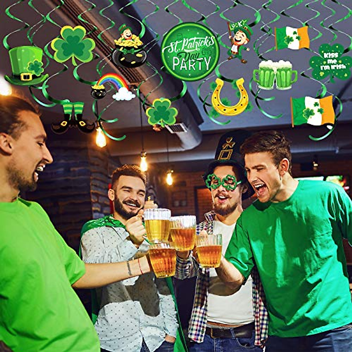 30 Pieces St. Patrick's Day Decorations, Green Lucky Irish Shamrock Clover Leprechaun Horseshoe Sign Foil Hanging Swirls Ceiling Decor for Saint Patrick Party Lucky Day Home Party Favors Supplies