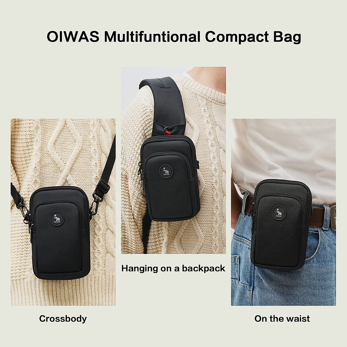 OIWAS Mini Crossbody Bag for Men, Multiple Ways to Carry as Shoulder Waist Pouch Sling Bag for Cell Phone Passport Wallet Mini Messenger Bag Detachable