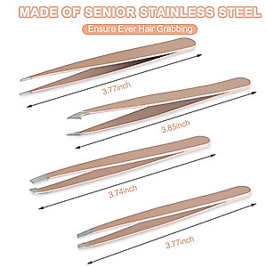 KAOBEINA Tweezers Set 4Pcs - Three Colors Available - Stainless Steel Eyebrow Tweezers - For Facial Hair, Debris & Ingrown Hair Removal(Gold)