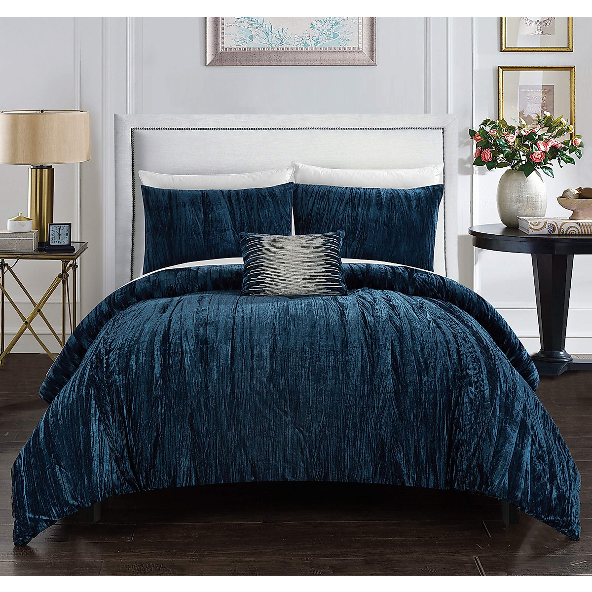Chic Home - BCS12616-AN Westmont 4 Piece Comforter Set Crinkle Crushed Velvet Bedding - Decorative Pillow Shams Included, Queen, Navy