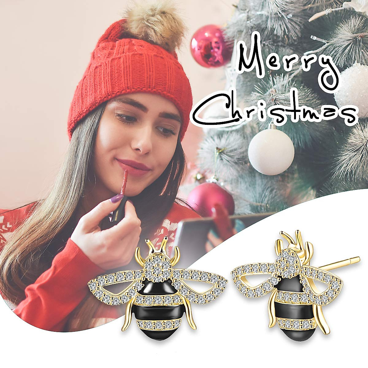 LAZLUVU Bee Earrings for Women 14K Gold Studs Earrings Cubic Zirconia Earrings Cute Bumble Bee Earrings Honey Bee gifts for Teen Girls