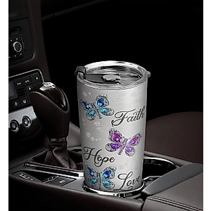 20oz Printed Jewelry Crystal Butterfly Faith Hope Love Tumbler, Religious, Christian Gifts, Coffee Thermos for Women, Stainless Steel Double Wall Vacuum Insulated Coffee Mug, Travel Cup with Lid