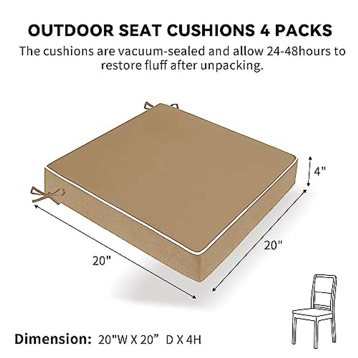 PNP FKJP 2 Pack Outdoor Chair Cushion 20" X 20" X 4", Waterproof Outdoor Seat Cushions with Non-Skid Ties, Khaki (Cushion + Cover)