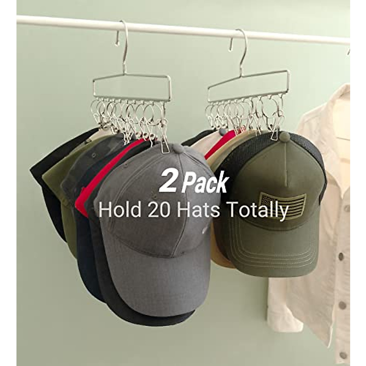 Mkono Hat Organizer Hanger for Closet Set of 2 Baseball Cap with 20 Clips Stainless Steel Rack Holder Caps, Silver Hangers Organizer, Fits All Pieces