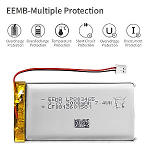 EEMB Lithium Polymer Battery 3.7V 2000mAh 803465 Lipo Rechargeable Battery Pack with Wire JST Connector for Speaker and Wireless Device- Confirm Device & Connector Polarity Before Purchase