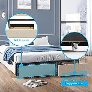 Mjkone California King Size Bed Frame with Storage Drawers, Linen Fabric Platform Bed Frame, Wood Slat Support Bed Frame, No Box Spring Needed/No Headboard/Easy Assembly/Noiseless - Beige