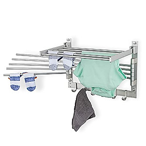 brightmaison BGT Wash Clothes Drying Rack Wall Mount Laundry Room Organizer with Hooks & Swing Arms, 17" Metal Laundry Rack Silver