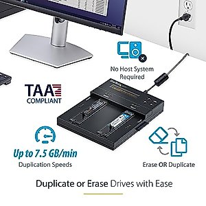 StarTech.com Standalone Dual Bay M.2 SATA/NVMe Duplicator/Eraser, HDD/SSD Cloner/Wiper for M.2 PCIe AHCI/NVMe, M.2 SATA, 2.5/3.5in Drives, Hard Drive Sanitizer/Copier, TAA (SM2DUPE11),Black
