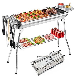 TeqHome Portable Charcoal Grill, Upgraded Folding Large Barbecue Charcoal Grill W/Board Shelf & Flavoring Storage Basket, Stainless Steel Frame, for 8 People Picnic Garden Terrace Camping Travel Use