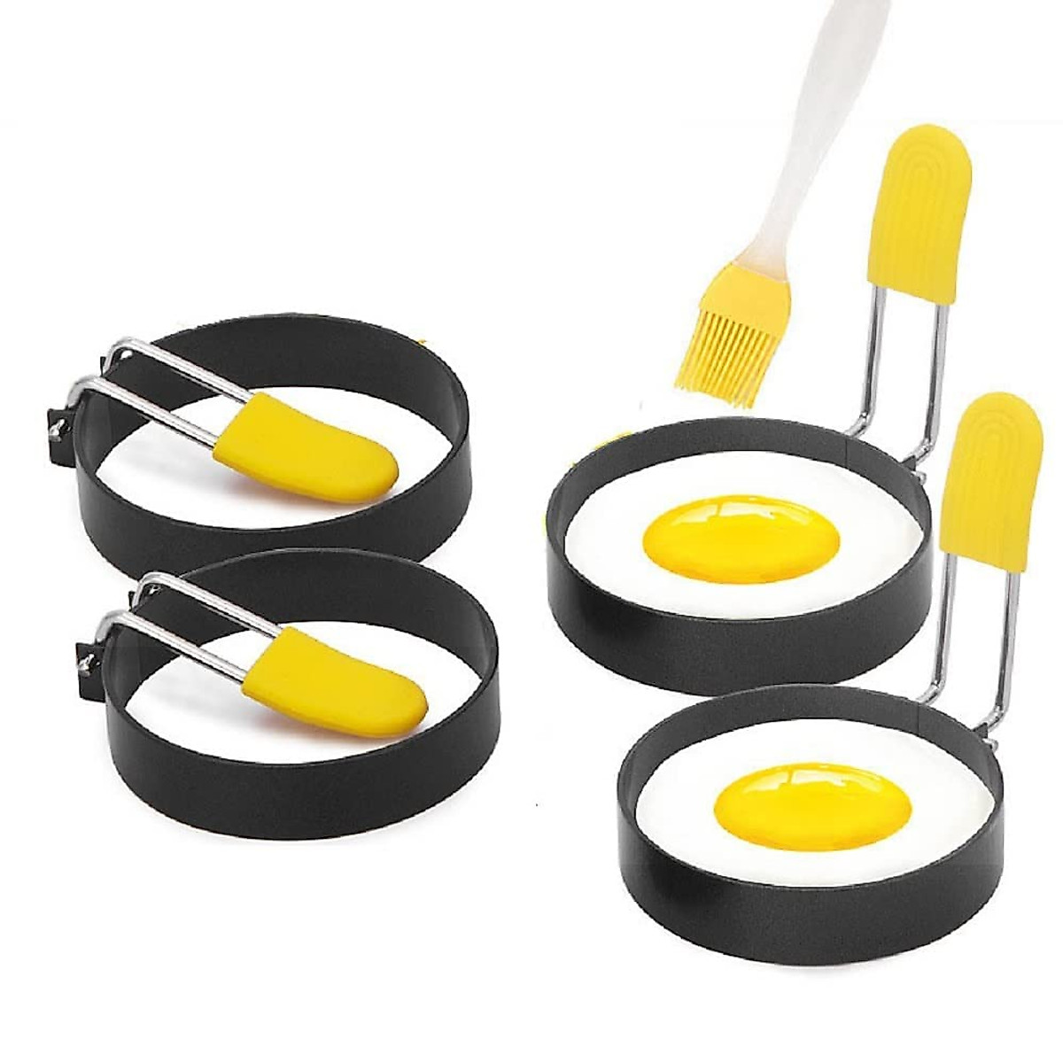 GUAGLL 4Pcs Omelette Model Egg Ring Iron Spray Non-stick Round Omelette Model with Silicone Brush