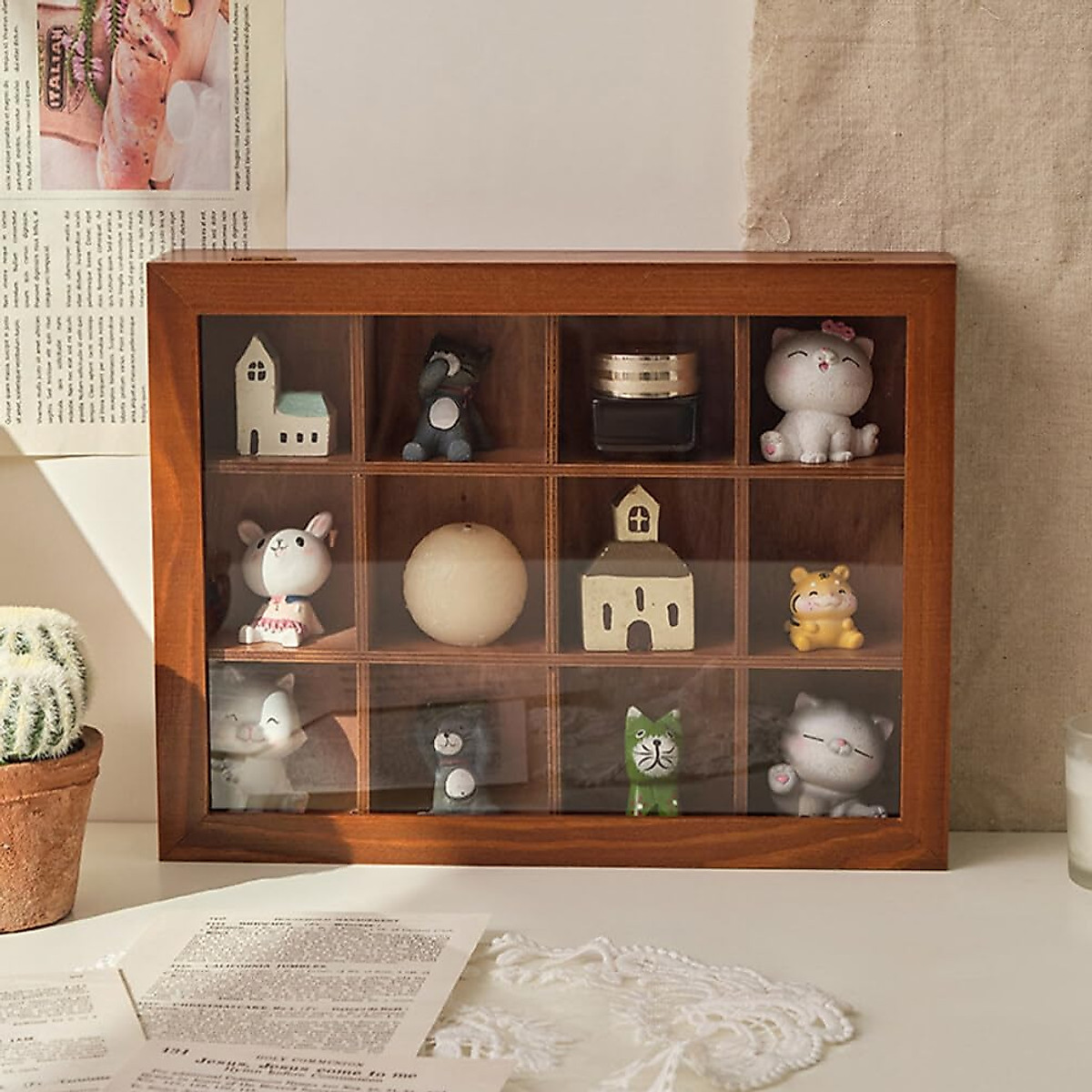 Cabilock Wooden Tea Box Organizer 12 Grid Wood Tea Chest with Clear Glass Lid Vintage Jewelry Keepsakes Box Trinkets Case Ring Necklace Bracelet Holder for Watch Display Showcase