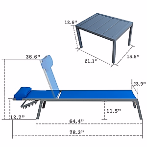 Kozyard Wilson 3 Pieces Textilene Chaise Lounge Set with Side Table Outdoor,Adjustable Back & Pillow for Yard,Garden,Sunbathing (2 Pack) (Blue W/Table)