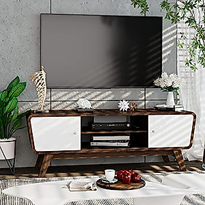 Tangkula Sliding Door TV Stand for TVs up to 55 Inch, Media Console Table with Adjustable Shelf & 2 Storage Cabinets, Modern Entertainment Center, Wooden TV Cabinet for Living Room (Walnut)