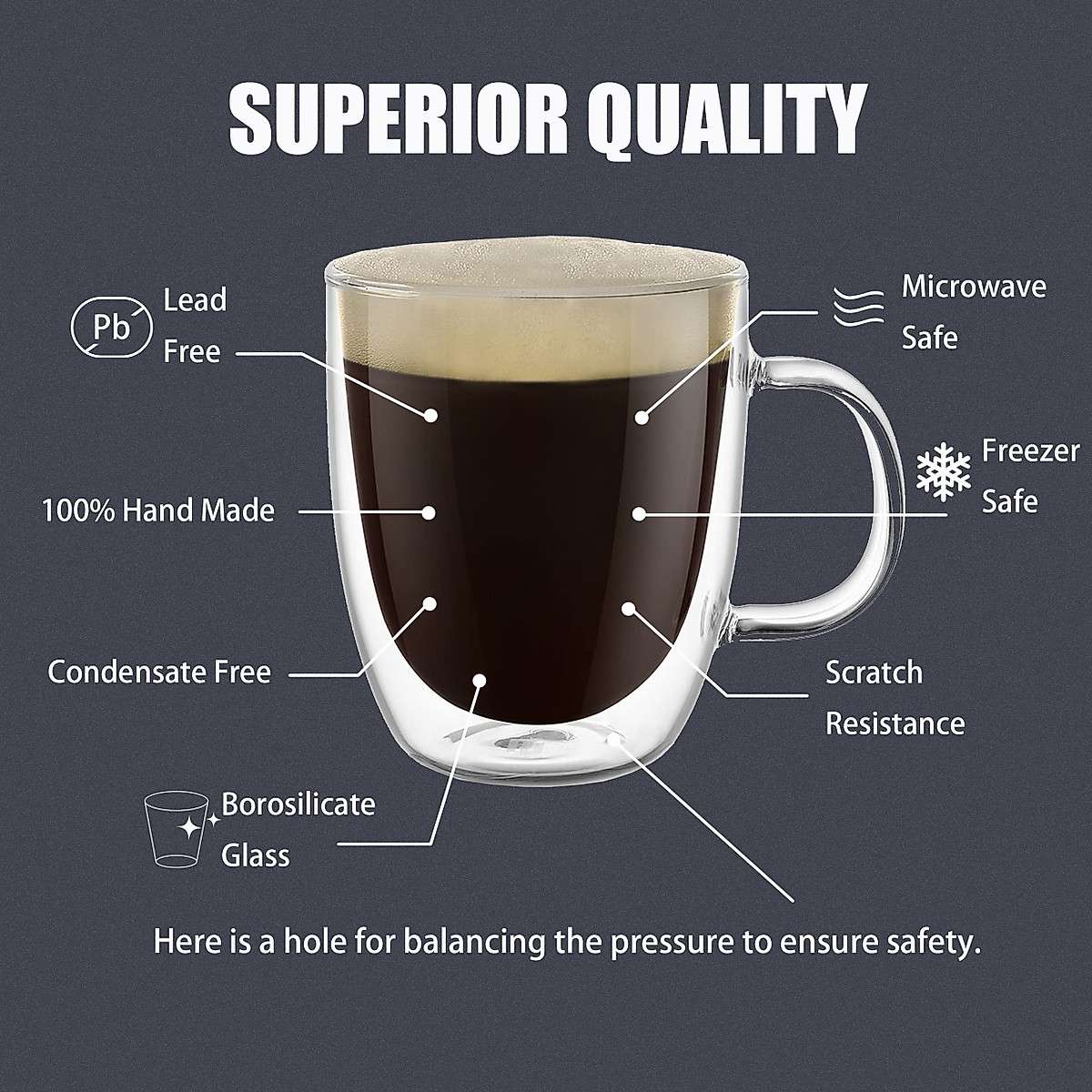 PunPun Bundle: 17oz Large Clear Coffee Mugs (Set of 2) & 8.5oz Shot Glass Coffee Cups (Set of 2) & 2.7oz Tea Cups (Set of 4) Double Wall Designed Glass Cups