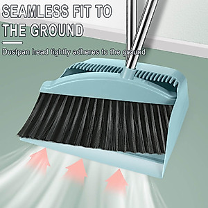 Long Handle Broom and Dustpan Set with 39.5" Squeegee Broom, Upright Standing Lobby Broom and Dust Pan and Rubber Broom, Indoor Broom with Dustpan Set for Home Kitchen Room Office Floor