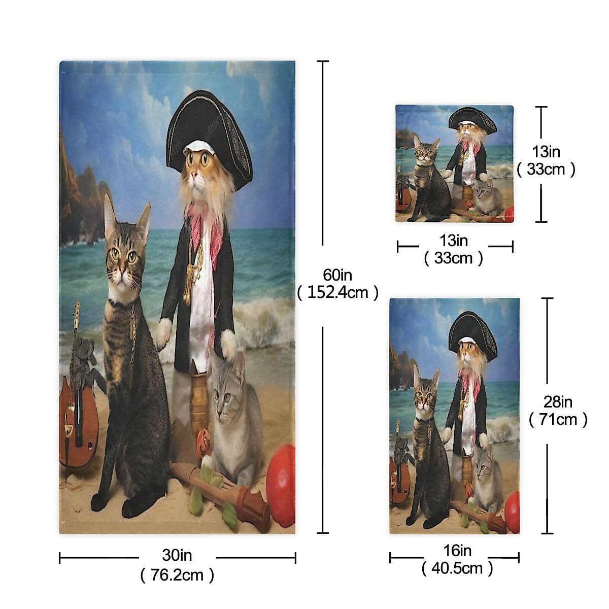 Flradish Pirate Captain Cat Towels 3 Pack Bath Towels for Bathroom Set Soft Cotton Highly Absorbent Lightweight & Quickdry Towel Set 1 Bath Towel,1 Hand Towel,1 Washclothe