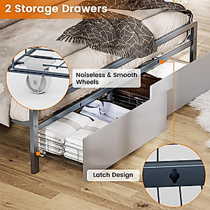 QFP Full Bed Frame,Bed Frame Full Size with Headboard and 2-Tier Storage,Metal Platform Bed Frame with 2 Drawers & Charging Station & LED Lights,Noise-Free/Metal Support/No Box Spring Needed,Grey