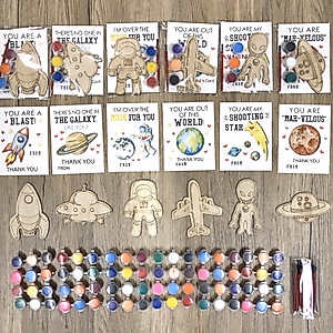 GEECOZYLIFE Thank You for Coming Gifts for Kids - 24 PCS Space Cards with Art Supplies - Space Wood Painting Craft Kits - Kids Birthday Boys Girls Gifts Bulk - Space Party Favors