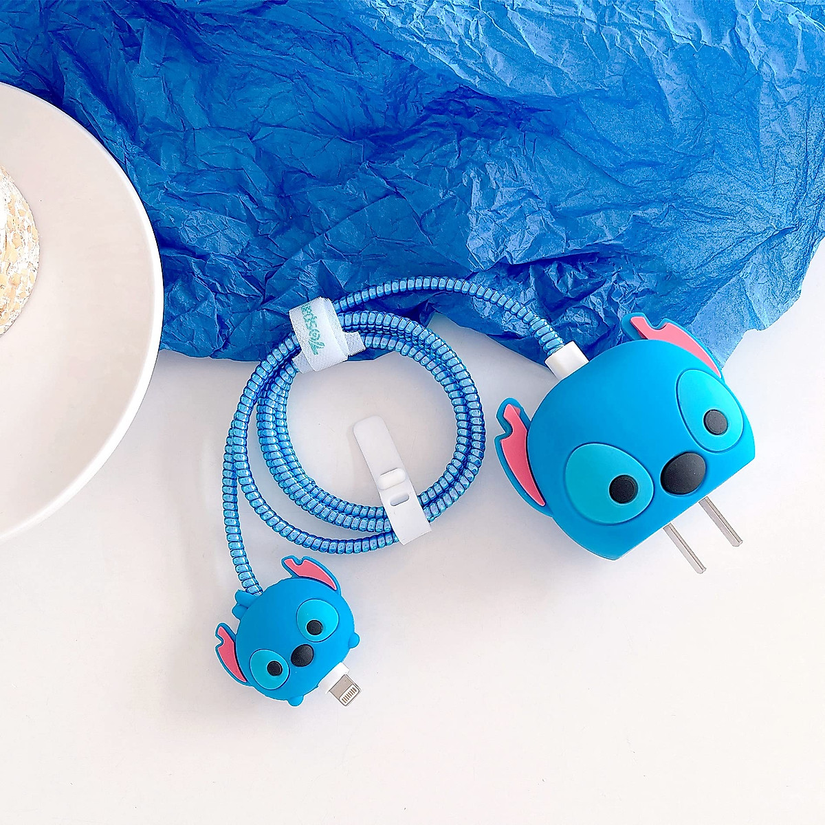 3D Cute Cartoon Charger Protector Case - Compatible for Apple 20W USB-C Power Adapter and Lightning Cable (Blue Lion Stitch)