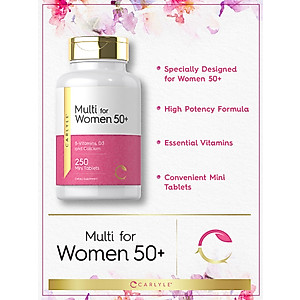 Carlyle Multivitamin for Women 50 and Over | 250 Caplets | Iron Free | with B-Vitamins, D3, and Calcium | for Women 50 Plus | Gluten Free