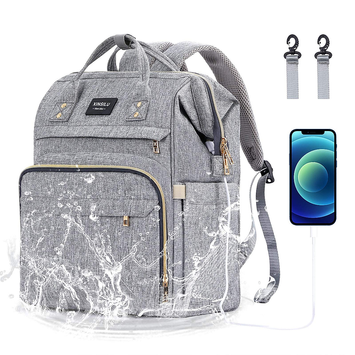 Diaper Bag Backpack Nappy Bags for Mom and Dad Diaper Bag with USB Charging Port Stroller Straps Thermal Pockets,Water Resistant, New Gray