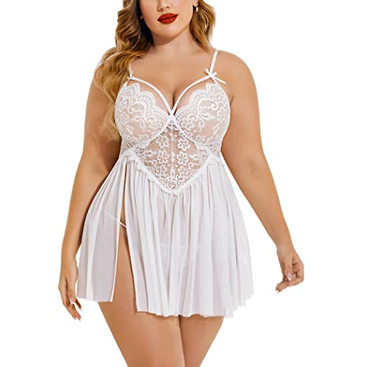 Avidlove Sexy Plus Size Lingerie for Women Lace Babydoll Chemise V Neck Sleepwear Mesh Nightwear Side Slit Nightie White