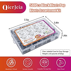 500pcs Black Rivets Pop Assortment Rivet Kit, Aluminum Assorted Blind Rivets 14 Sizes (3/32" 1/8" 5/32" 3/16"),with Reinfored Divider & Labeled Case
