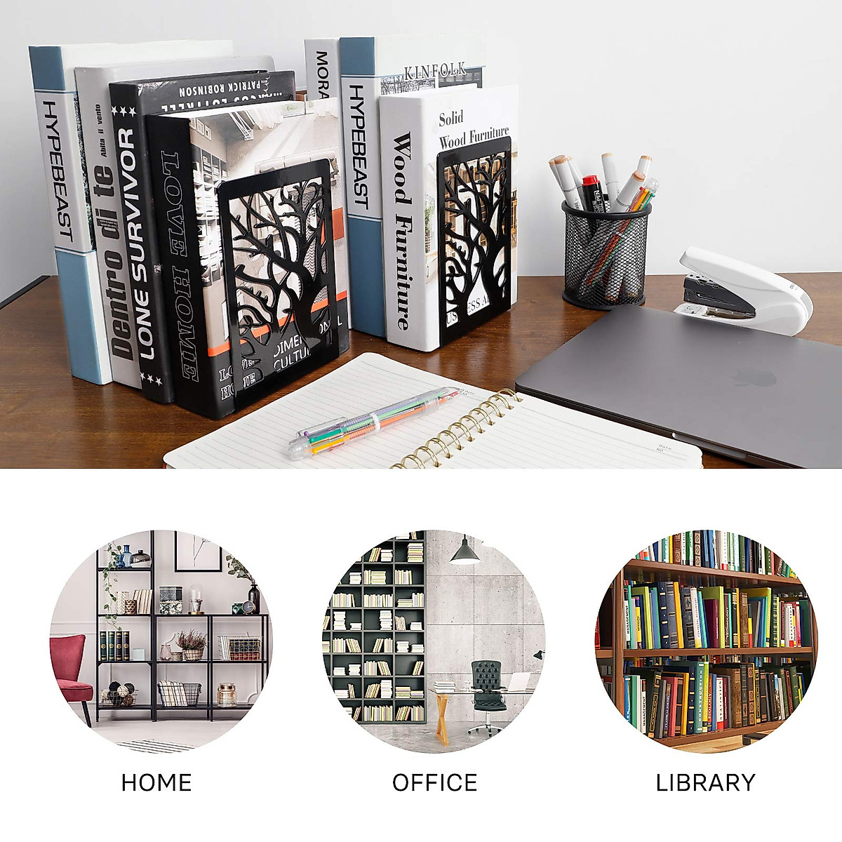 Jekkis Book Ends for Shelves, Decorative Book Shelf Holder, Black 2 Pairs, Non Skid Book Stoppers