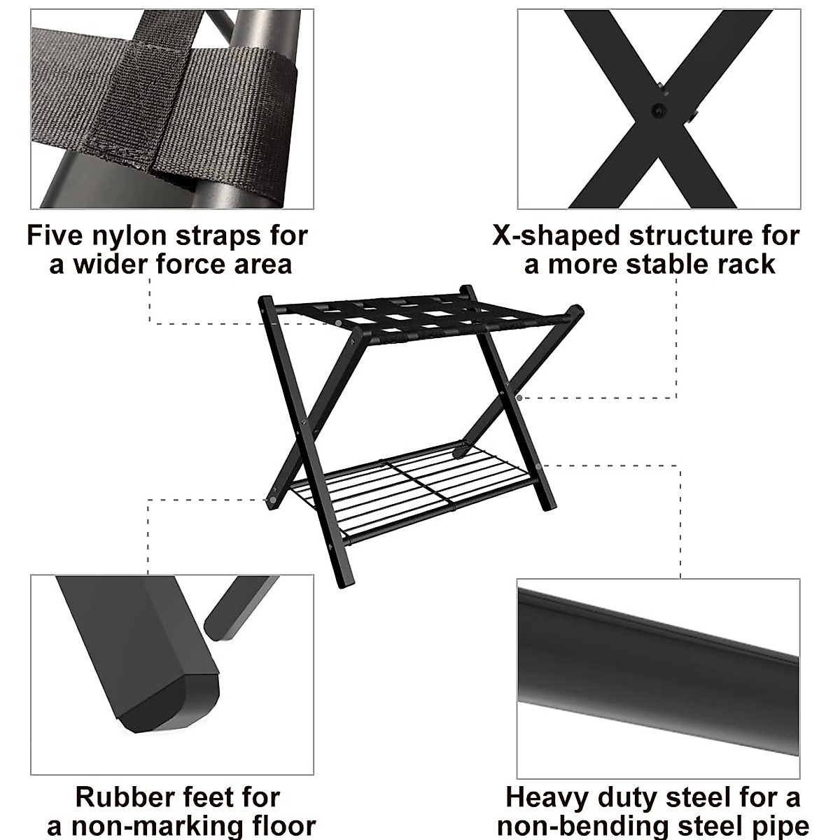 Fandature Folding Luggage Rack for Guest Room, Metal Foldable Suitcase Stand Holder with Metal Shelf for Bedroom, Black, 1 pack