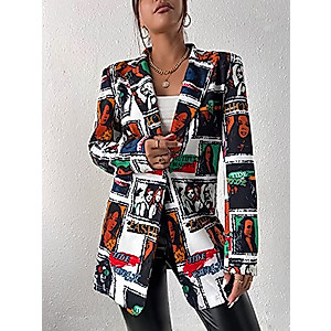 WDIRARA Women's Graphic Print Button Front Long Sleeve Causal Work Blazer Jacket Coat Multicolor White M