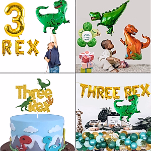 Three Dino Rex Birthday Party Decorations, Three Inspired Rex Letter Balloon T-Rex Dinosaur 3 Cake Topper for 3 Year Old Birthday Party Decorations,Boys Dinosaur Birthday Party Supplies
