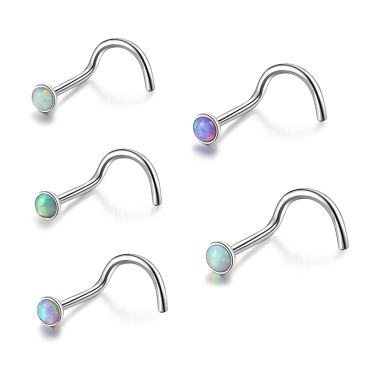 Lantine Corkscrew Nose Studs Surgical Steel 2mm Opal Nose Stud Pink White Purple Green Blue Set 20 Gauge 1/4 inch
