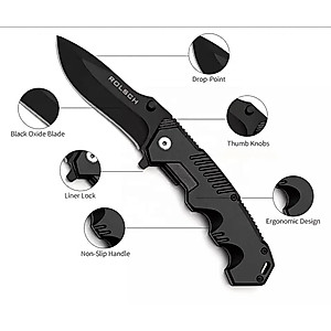 ROLSCH - Black Tactical Knife - Spring Assisted Folding Knife – Black Stainless Steel Blade and Black Aluminum Handle with Pocket Clip - Great Folding Knife for Hunting, Camping, Survival, Tactical, EDC