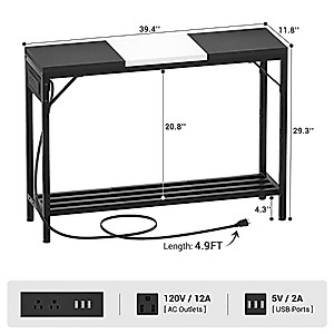 Narrow Console Table with Power Strips, Sofa Table with Storage Shelves for Living Room, 2-Tier Foyer Table for Entryway, Hallway, Behind Couch, Kitchen Counter, 39'', Black & White