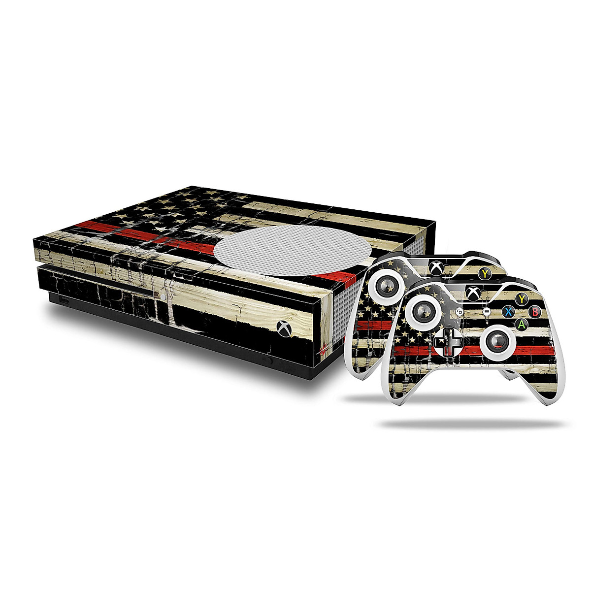 WraptorSkinz Decal Vinyl Skin Wrap Compatible with Xbox One S Console and Controllers - Painted Faded and Cracked Red Line USA American Flag