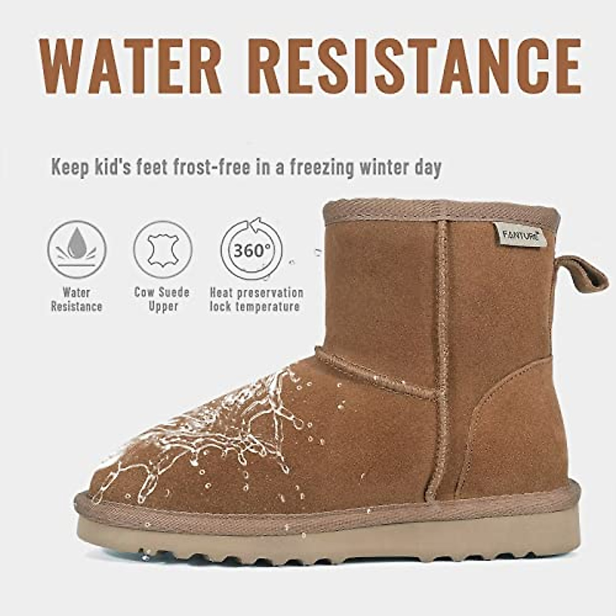 FANTURE Kids Snow Boots Boys Girls Winter Boots Cow Suede Warm Faux Fur Lined Durable Shoes(Little Kid/Big Kid) U422TX902.SA-Chestnut-34