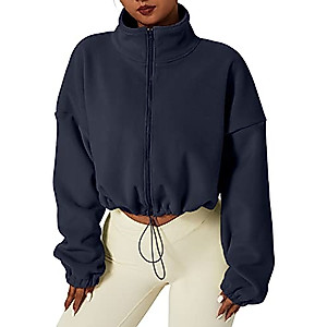 QINSEN Women's Full Zip Fleece Jacket Stand Collar Winter Warm Cropped Outwear Baggy Sherpa Short Coat Navy L