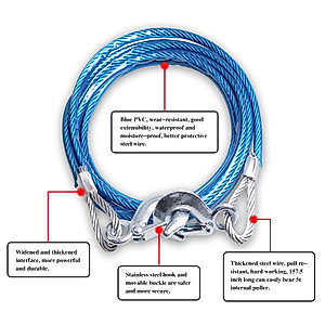 Dewkou Pack-1 Tow Cable with Hooks, 1/2" x 13Ft Blue Winch Cable with Forged Hook, 15432LBS Breaking Strength, Steel Wire Rope for Tow Truck, Rollback, Crane, Wrecker
