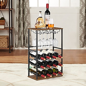 Wood Wine Rack, Countertop Wine Bar Rack, Wine Bar Cabinet with GlassBottle Holder, Metal and Wood Industrial Wine Cabinet for Home, Floor Liquor Wine Cabinet Storage, for Bar Kitchen Dining