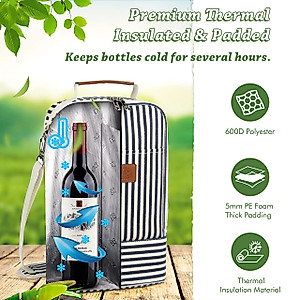 Tirrinia Insulated 2 Bottle Wine Gift Tote Bag - Wine Tumbler Glass Cooler Carrier for BYOB Restaurants, Wine Tasting, Travel, Park, Beach, Great Wine Lover Gift, Blue Stripe
