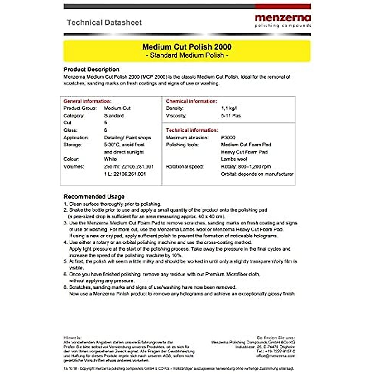 menzerna Medium Cut Polish 2000 32 oz New. (Former PO91E & PO91L)