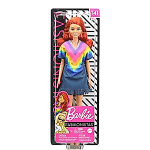 Barbie Fashionistas Doll #141 with Long Red Hair Wearing Tie-Dye Fringe Dress, Golden Boots & Earrings, Toy for Kids 3 to 8 Years Old