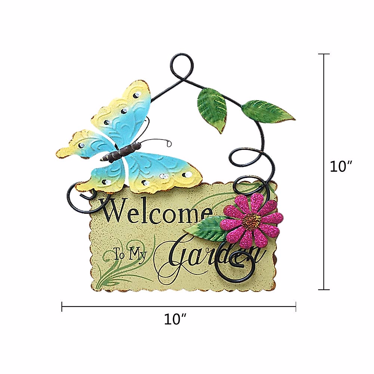 E-view Metal Welcome Sign Rustic Wall Hanging Plaque - Decorative Welcome Flower Signs for Porch Front Door Farmhouse Home Decoration Garden Themed Wreath Ornament (Green)