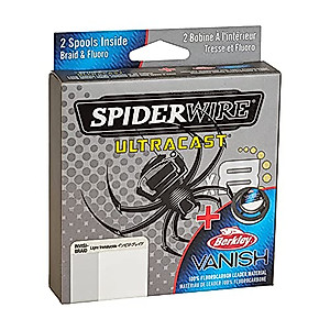 SpiderWire Ultracast Braid Vanish Fluorocarbon Dual Spool, 30lb Translucent Braid with 50lb Clear Fluoro Leader, 164yd | 150m