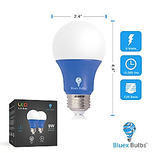 Bluex Bulbs LED A19 Light Bulb, 9W (60W Equivalent), Blue, E26 Base, 2-Count Package, 850 Lumen, Long Lifespan, Energy Saving, Non Dimmable, Indoor Outdoor