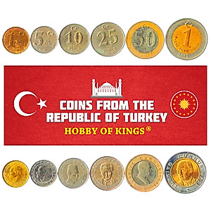 6 Coins from Turkey | Turkish Coin Set Collection 1 5 10 25 50 Yeni Kurus 1 Yeni Lira | Circulated 2005-2008 | Mustafa Kemal Atatürk | Crescent and Star