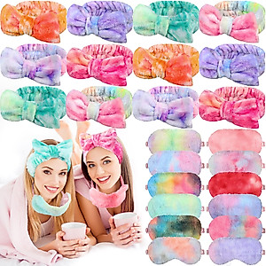 Jexine 24 Pcs Spa Headband Plush Sleep Eye Mask Bulk Bow Hair Band Makeup Headband for Washing Face Sleepover Party Supplies Sleeping Stuff Accessories for Single Party (Multicolor,Tie Dye Style)