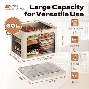 3Pack 60L Large Cloth Storage Bins with Metal Frame, Linen Storage Box with Clear Window, Stackable Sweater Storage for Closet, Clothes Storage Containers for Comforters, Blankets, Quilts, T-shirt