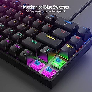 TEWELL 68 Keys Wired Compact Mechanical Gaming Keyboard with Audible Click Sound Blue Switches, Rainbow Backlit Portable Computer Keyboard for Windows Gaming PC