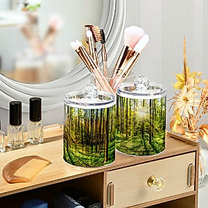 Kigai Beautiful Green Forest Landscape Qtip Holder Dispenser for Cotton Ball, Cotton Swab,Plastic Clear Apothecary Jar, Home Décor Kitchen Storage Jar,2 Pack